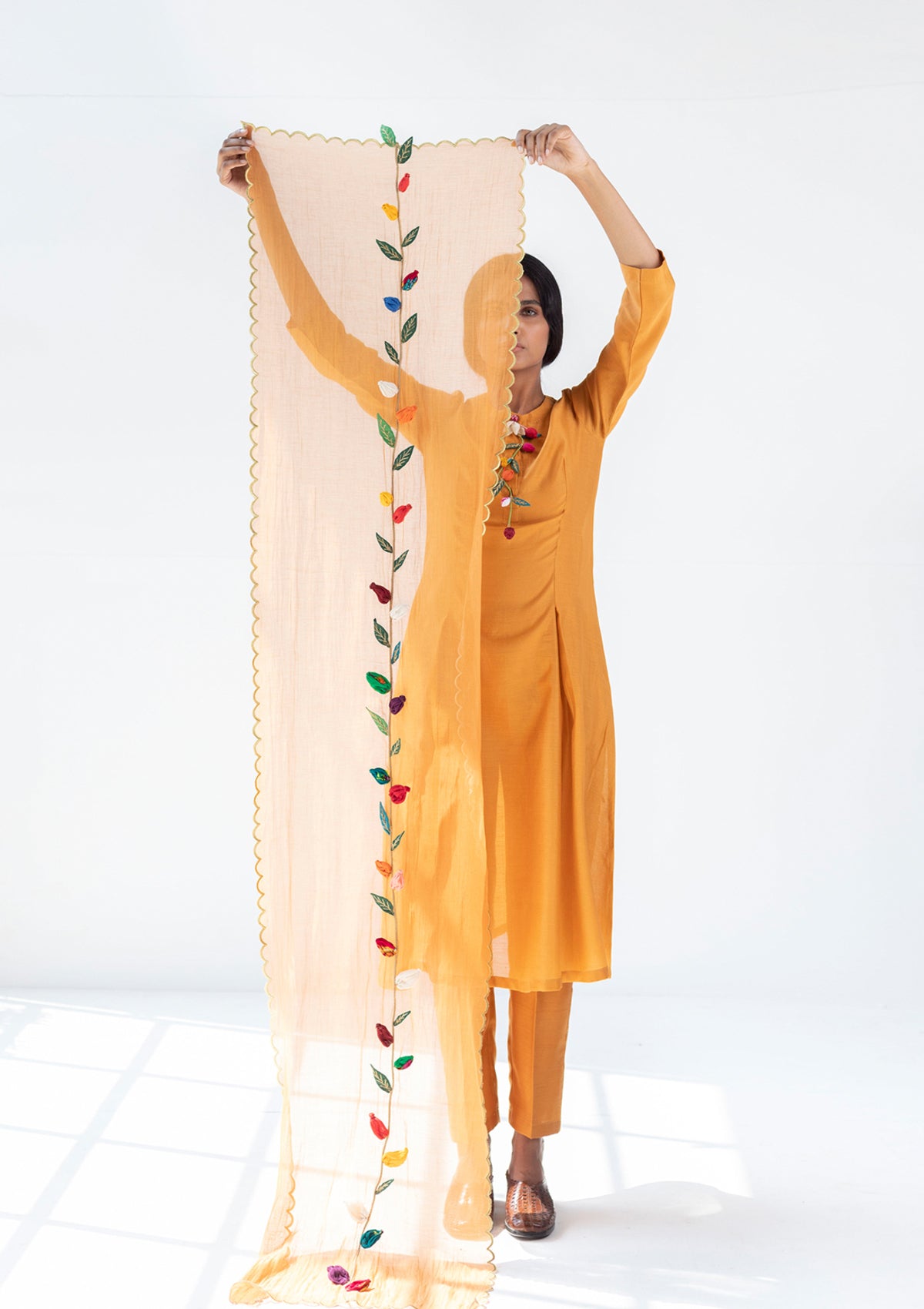 Tori Mustard Applique Chanderi Stole